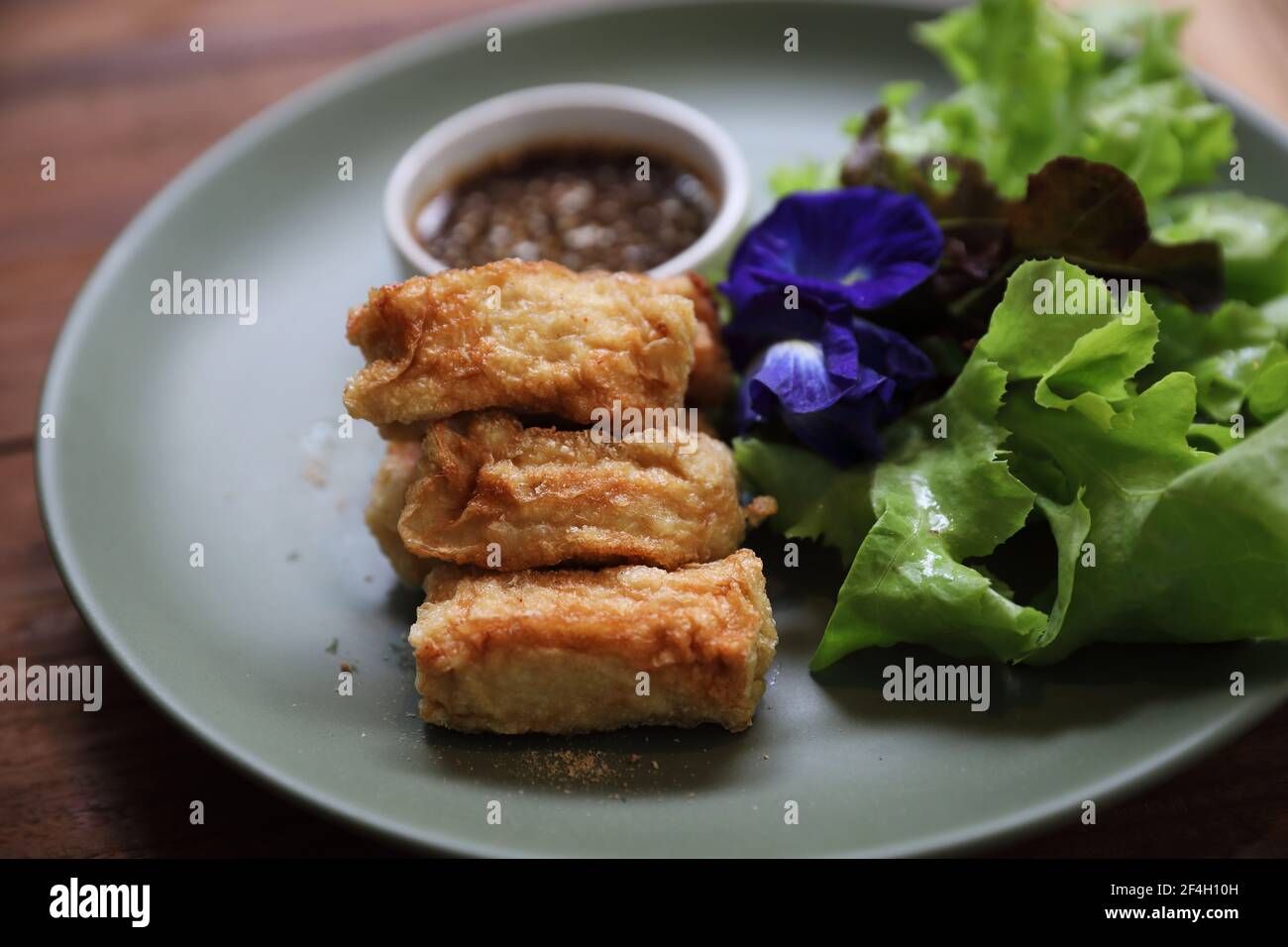 Vegan food appetizer japanese fried tofu on wood background vintage ...