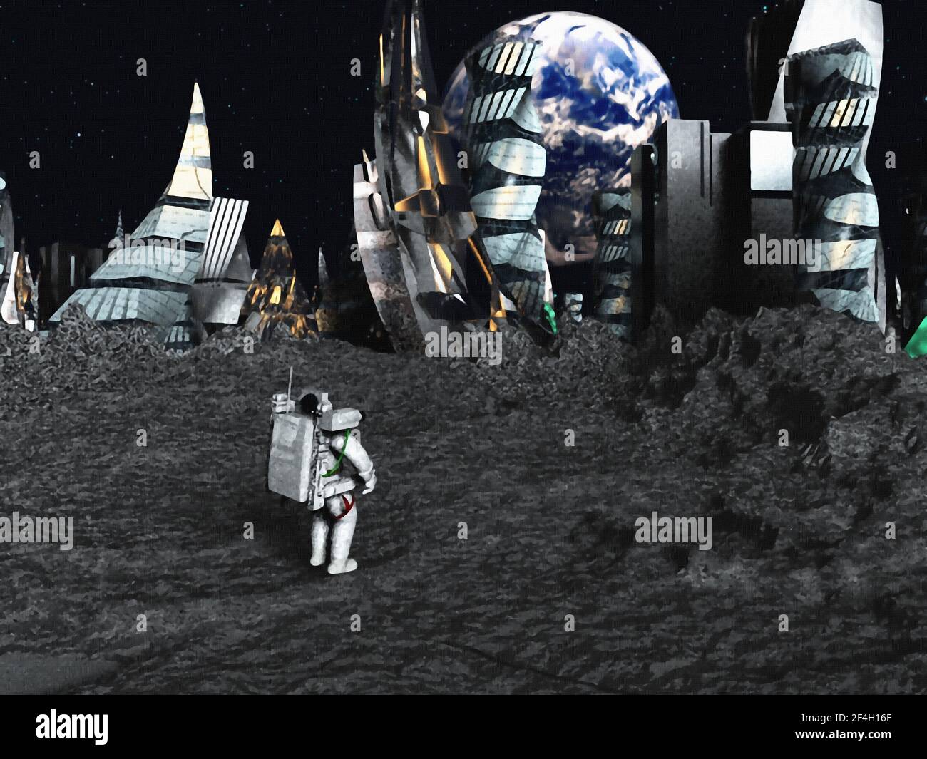 Astronaut walks on moon space station. Sci-fi composition Stock Photo ...