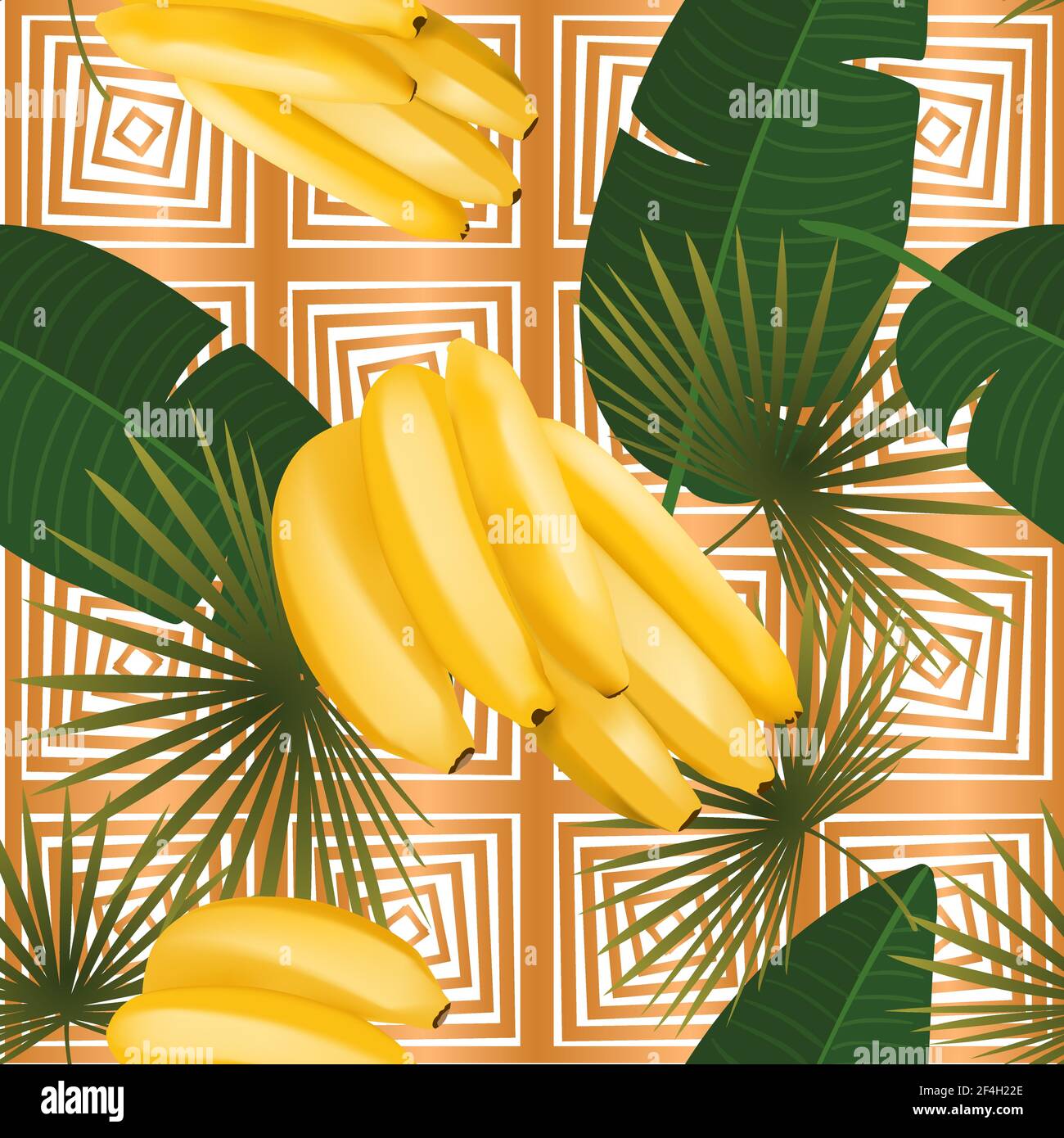 Trendy seamless pattern with realistic banana bunch and tropical leaves ...