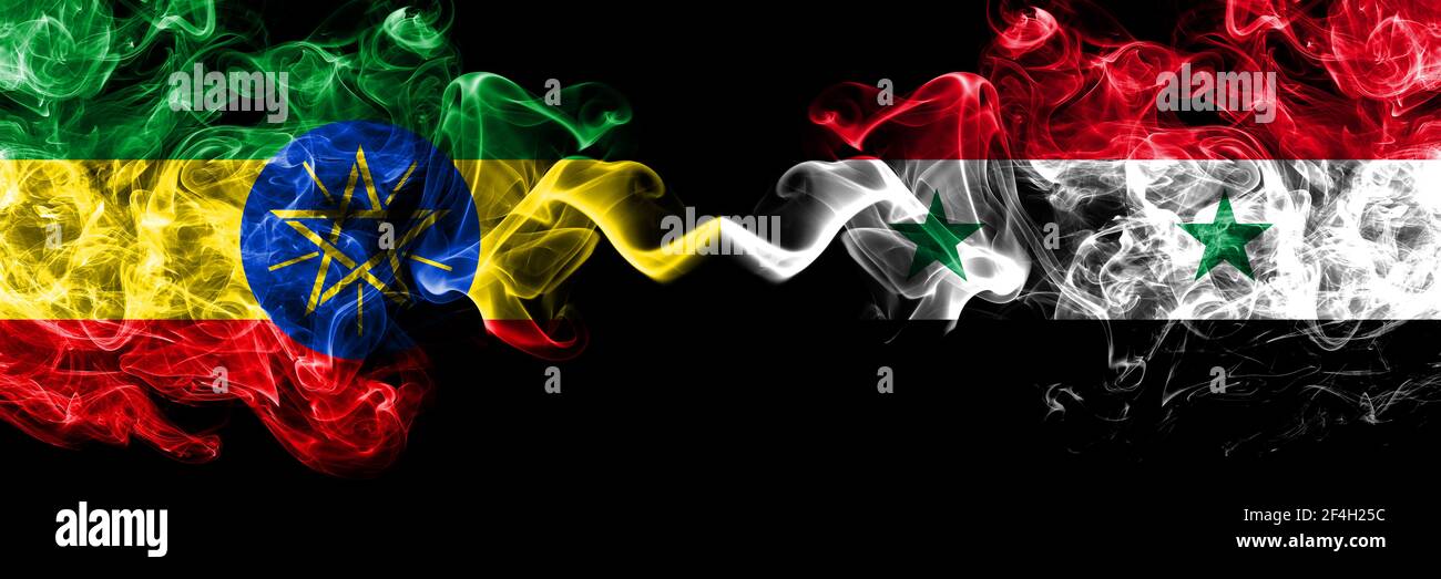 Ethiopia, Ethiopian vs Syria, Syrian smoky mystic flags placed side by ...