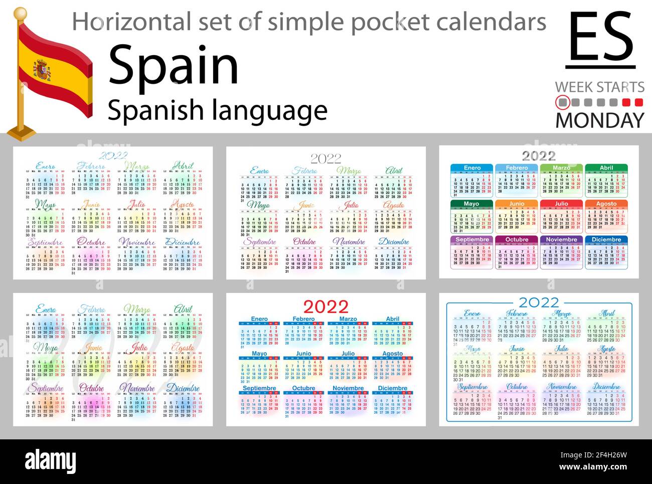 Spanish horizontal set of pocket calendars for 2022 (two thousand ...