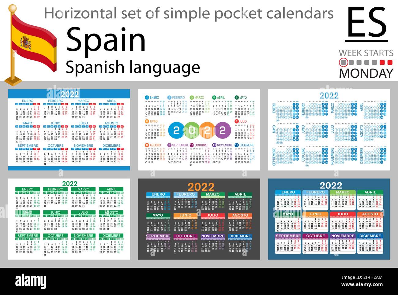 Spanish horizontal set of pocket calendars for 2022 (two thousand ...
