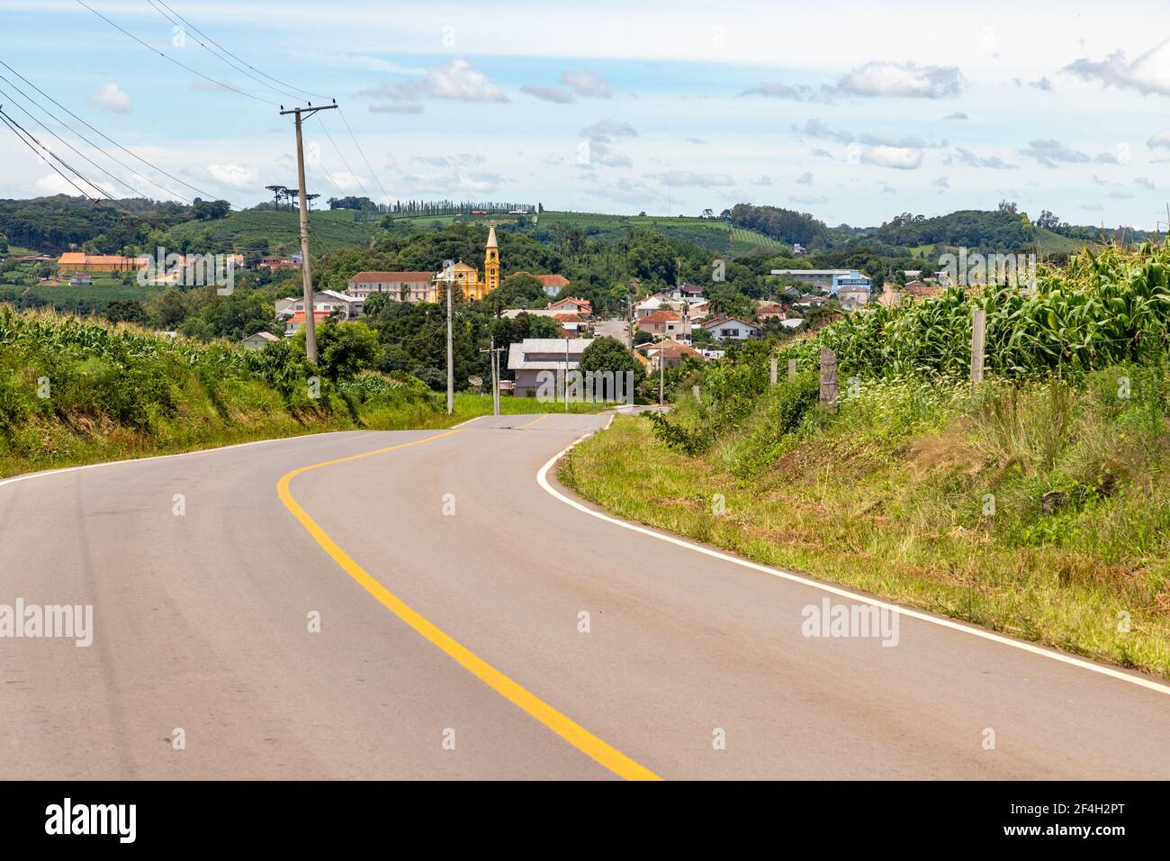 Road, village and plantation, Pinto Bandeira, Rio Grande do Sul, Brazil ...