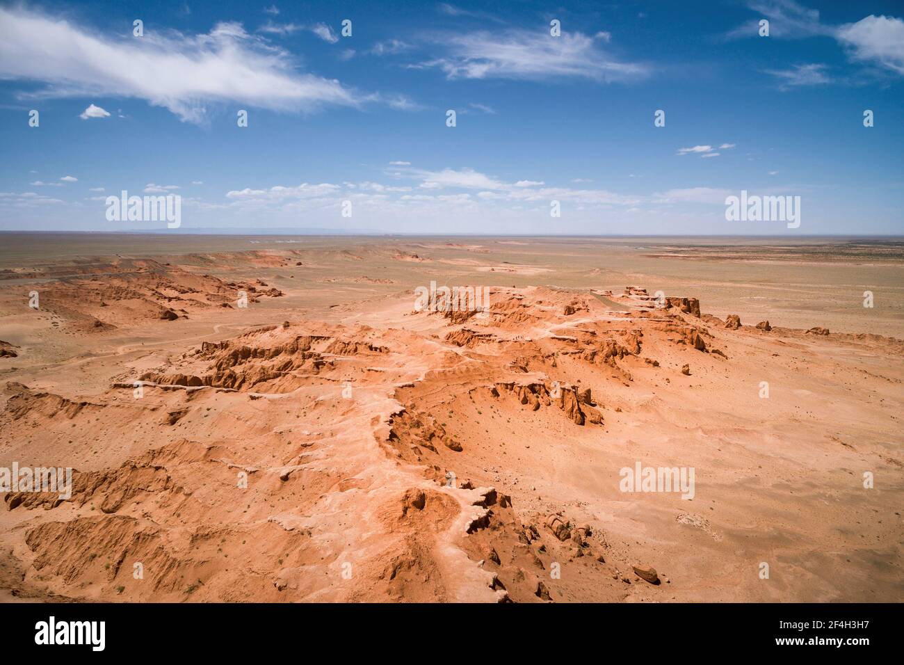 Aerial view of Bayanzag Flaming Cliffs in the Gobi Desert, Mongolia ...