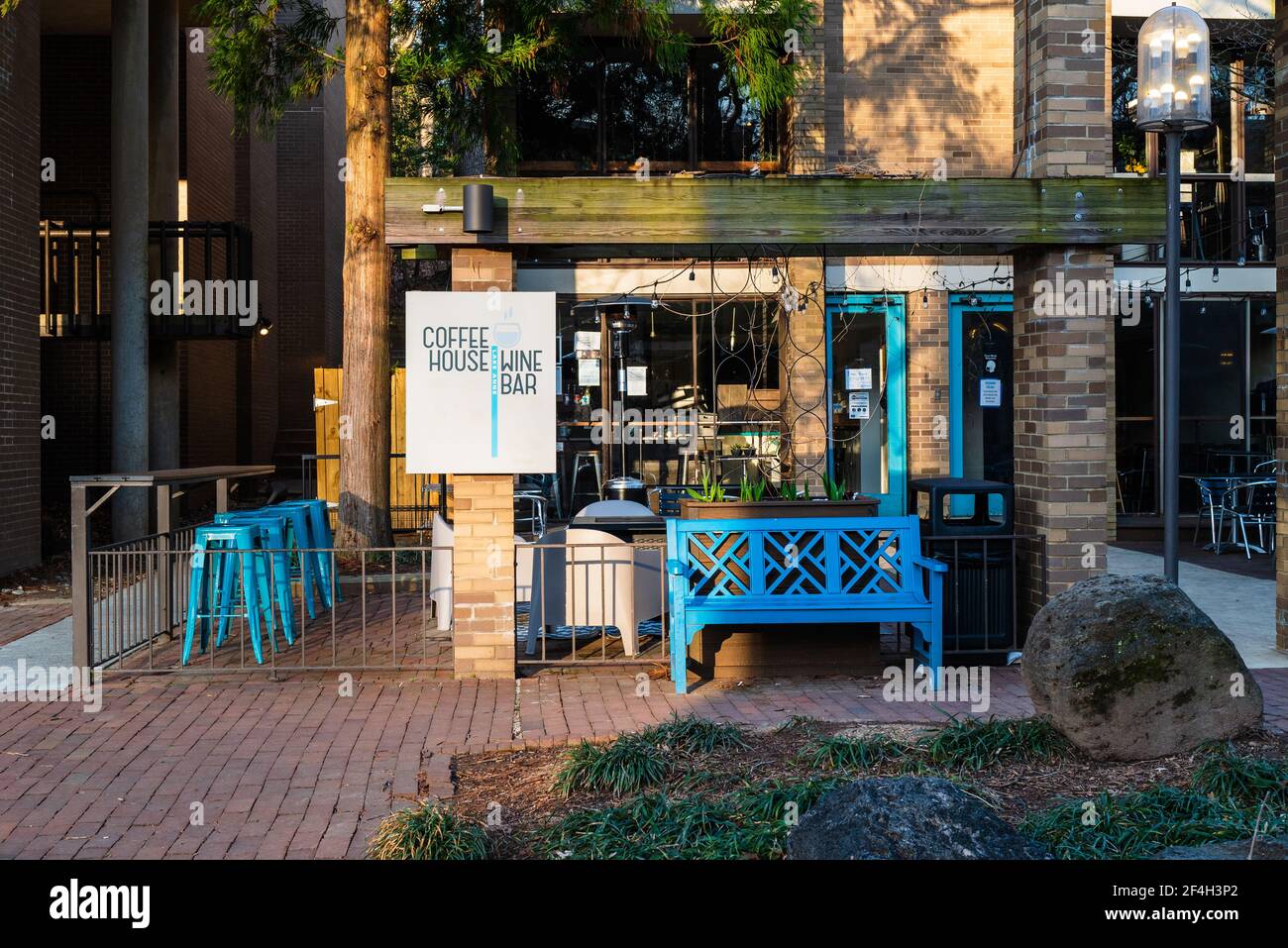 Reston, VA, USA -- Early morning photo of a coffee house and wine bar ...