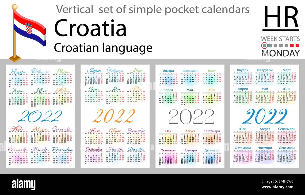 Croatian vertical set of pocket calendars for 2022 (two thousand twenty ...