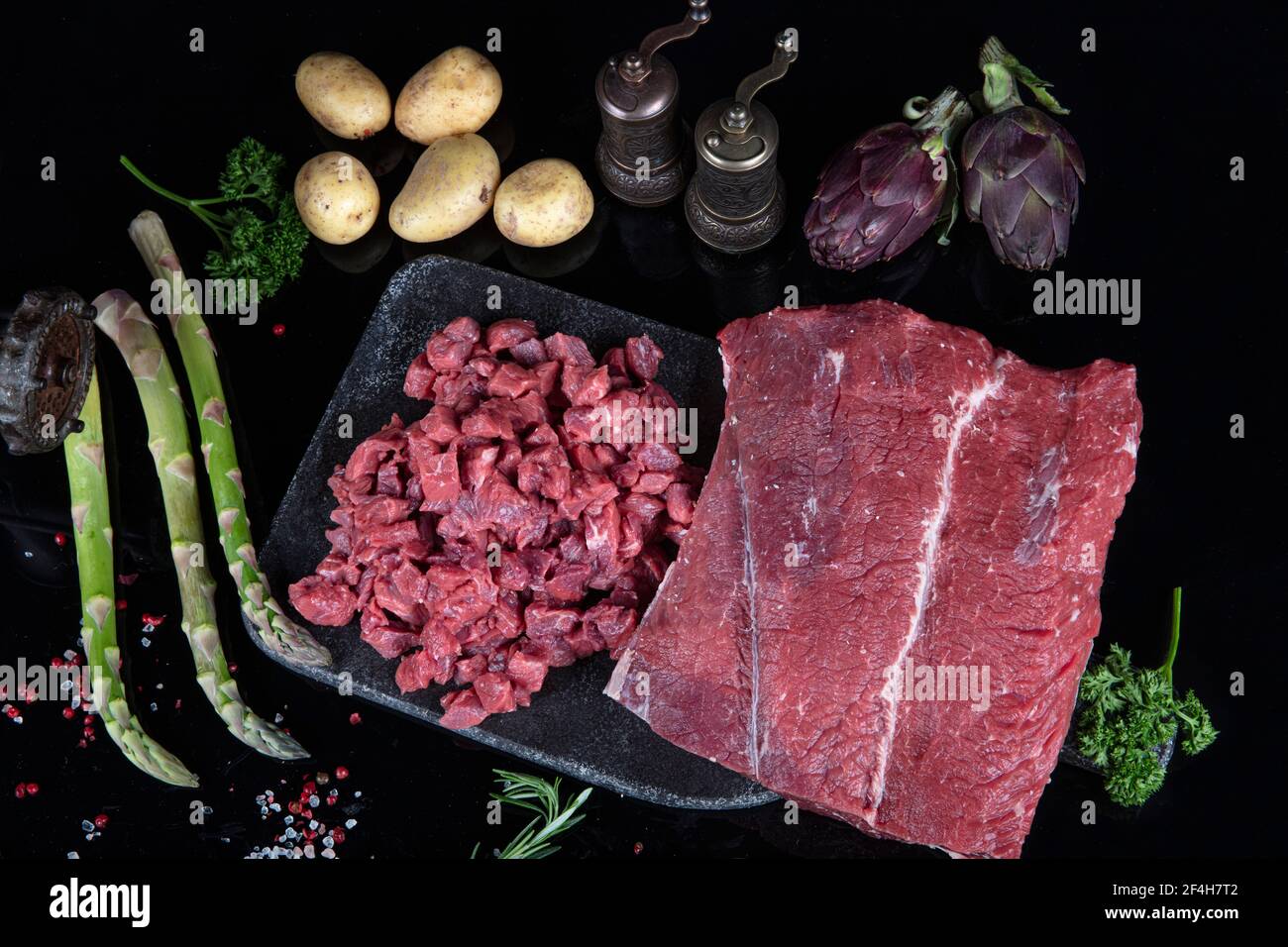 Fresh veal ( kusbasi et ). beef cubes on black background Stock Photo ...