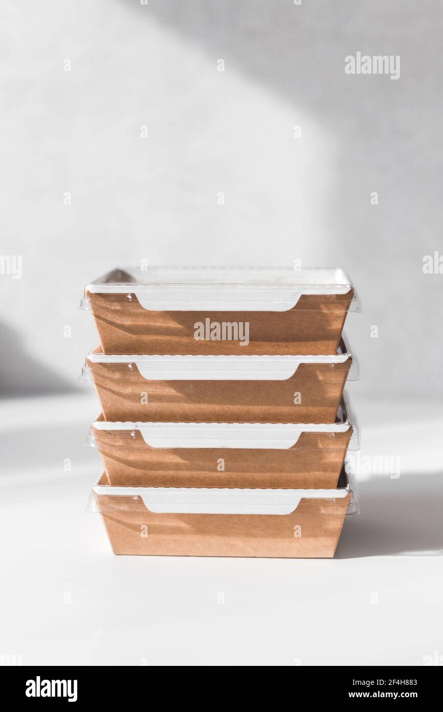 Stack of containers with daily food ration. Delivery from restaurant ...