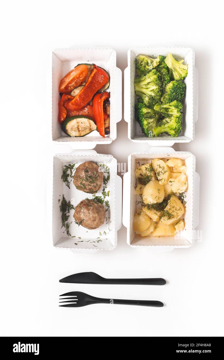 Daily food ration in containers. Delivery from restaurant, set of ...