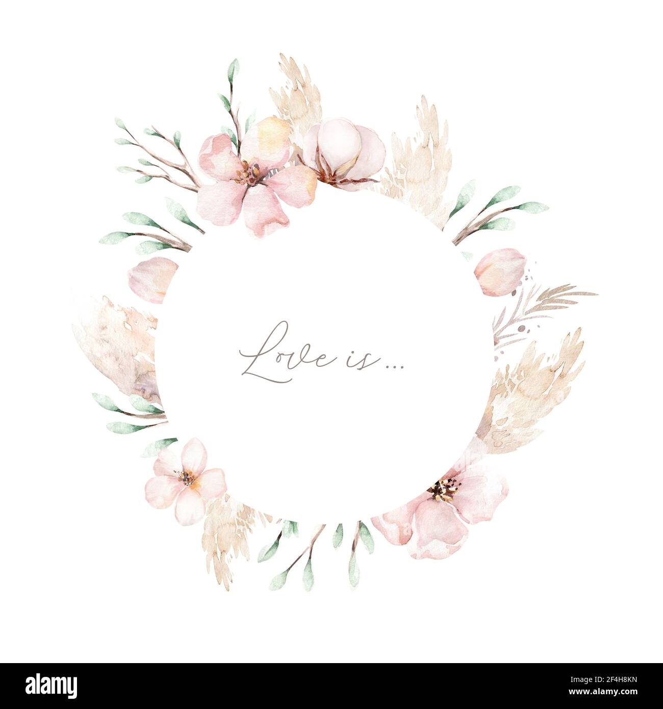 Watercolor floral frame wreath with gold orchid, cherry blossom, cotton ...