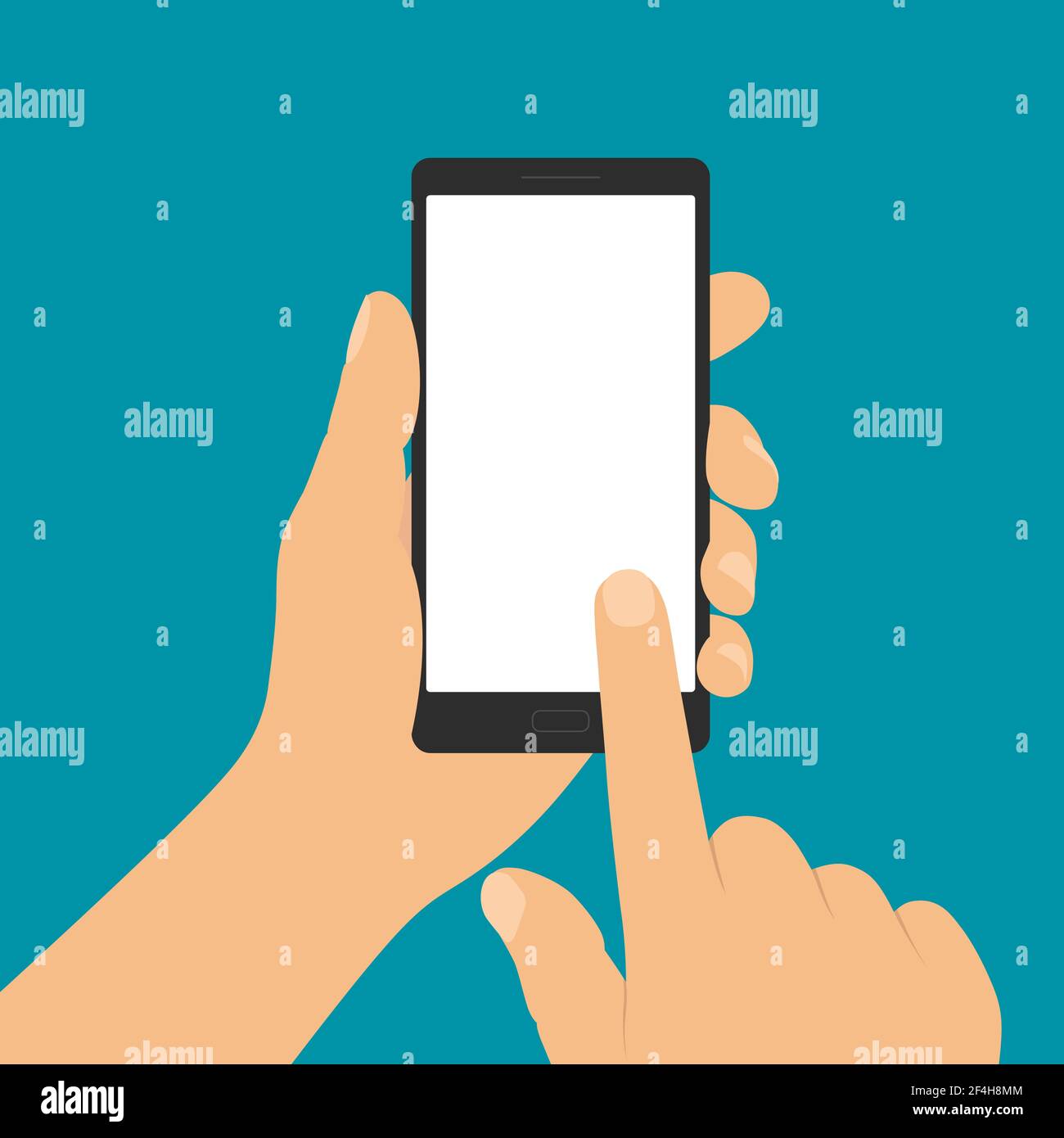 Flat design illustration of hand holding mobile phone with blank white display. Forefinger taps ...