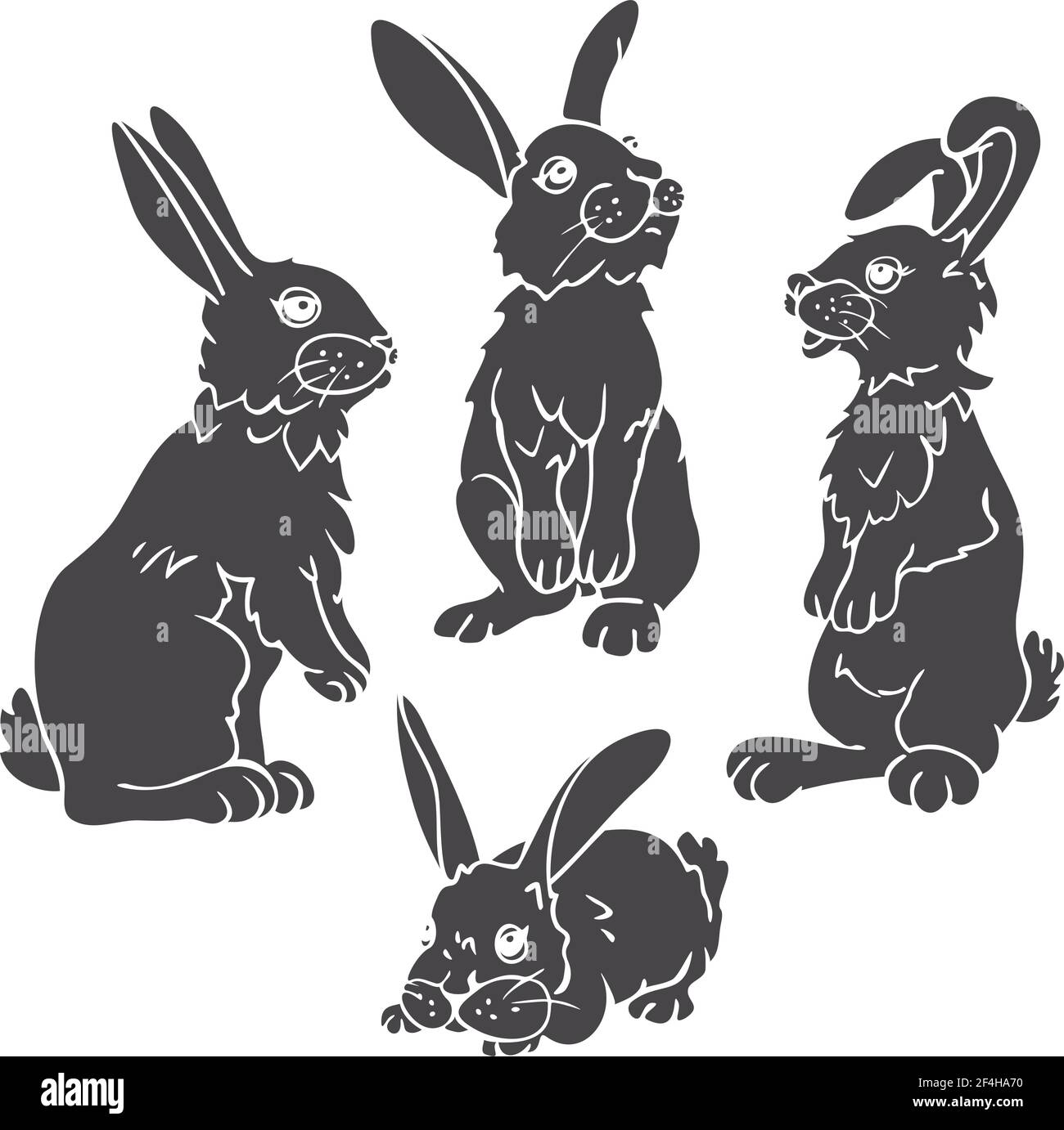 Vector set of four rabbits in different postures. Collection of hares ...