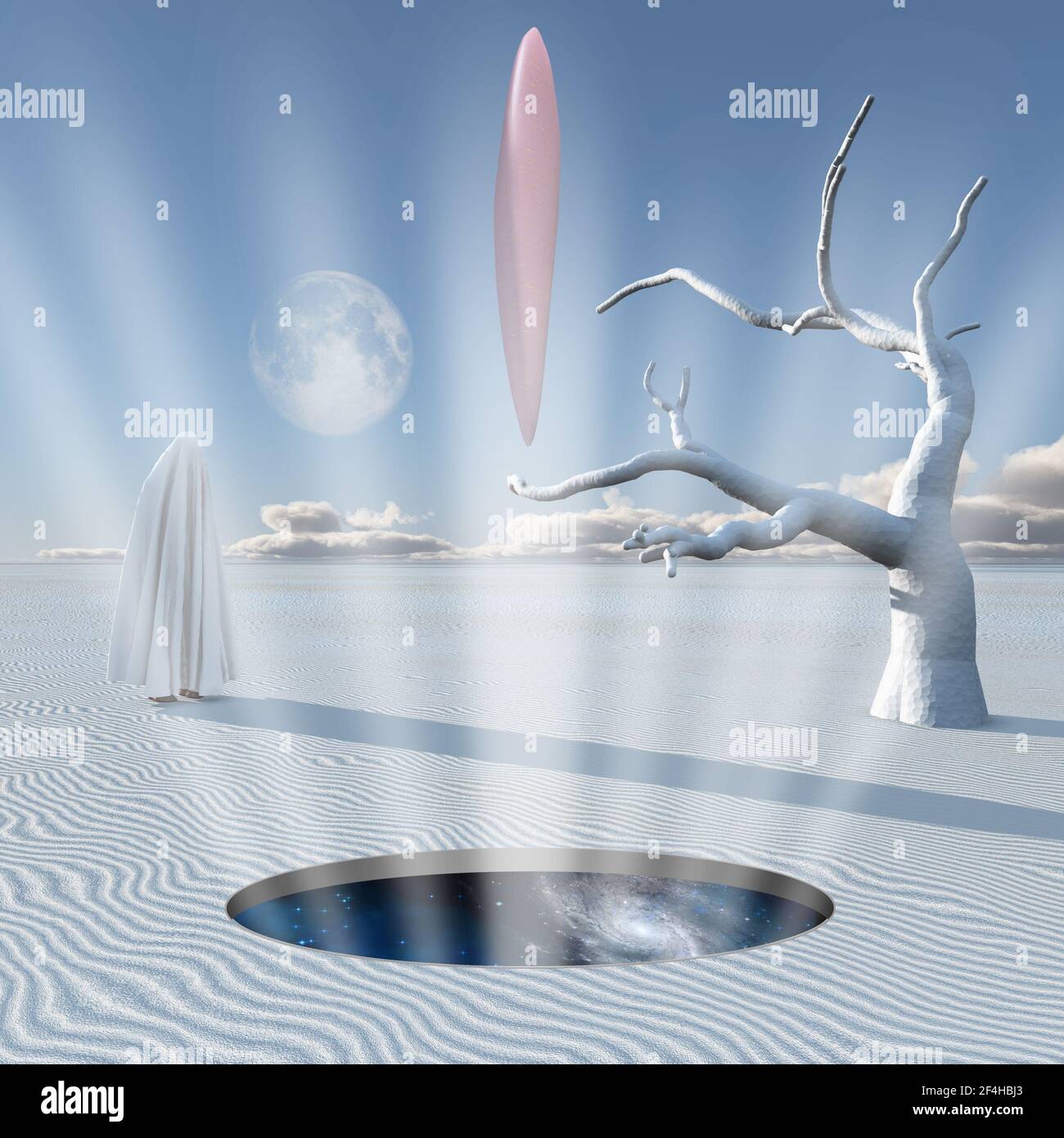 Surreal white desert. Mystic figure in white clothes. 3D rendering ...