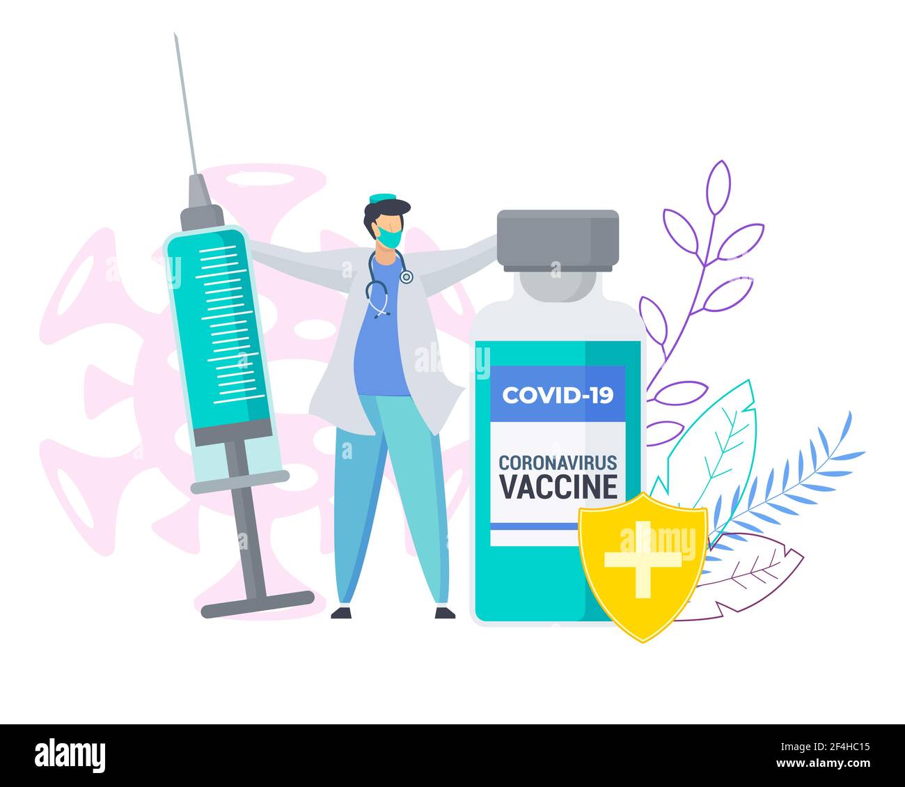 Vaccination schedule. Doctor with huge syringe and dose of vaccine ...
