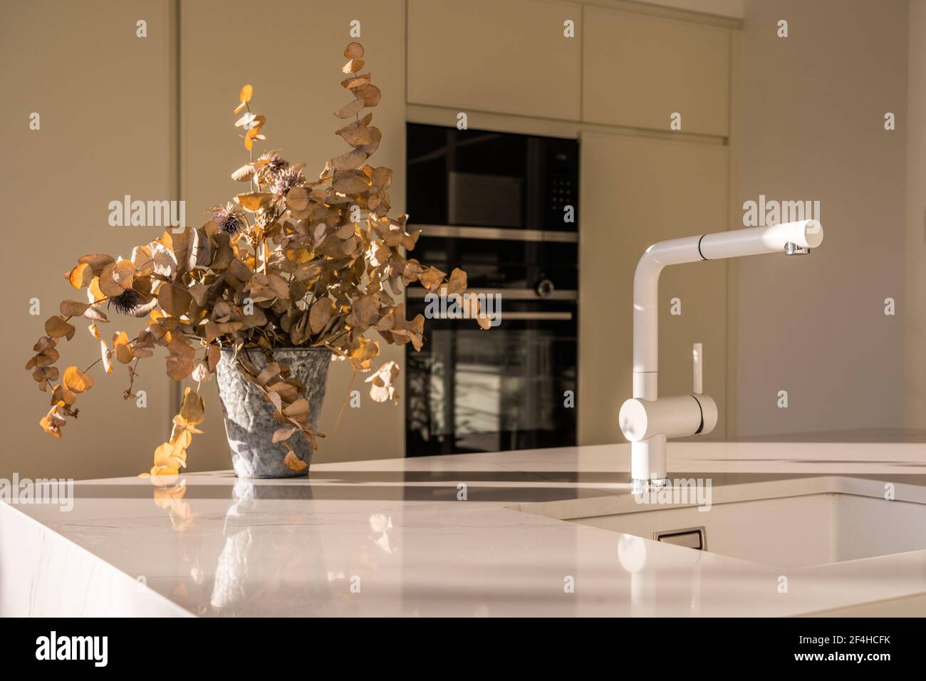 Interior of dining zone in cozy light kitchen Stock Photo - Alamy