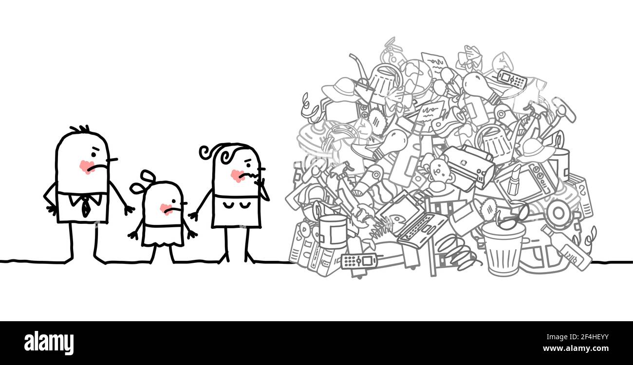 Hand drawn Cartoon ashamed consumer Family, watching a big pile of ...