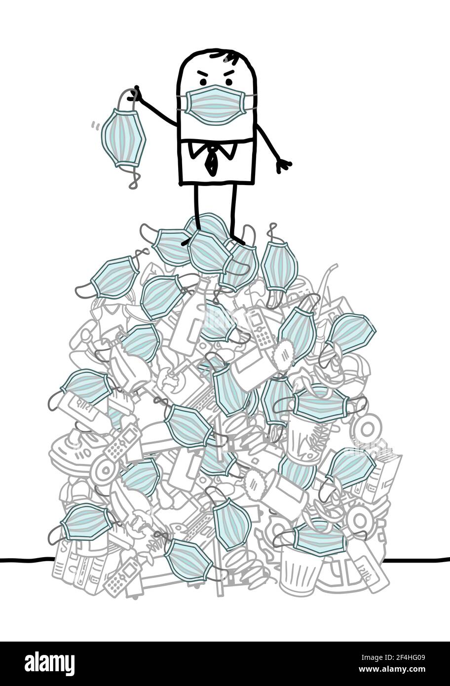 Hand drawn Cartoon man on the top of a big pile of garbage, with ...