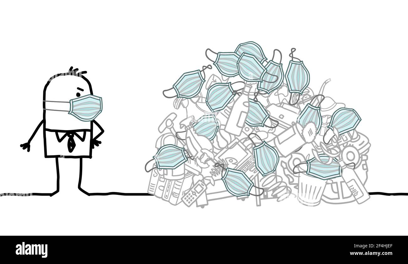 Hand drawn Cartoon man watching a big pile of garbage, with disposable ...