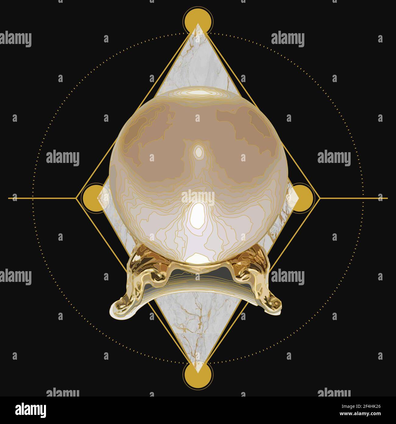 An illustration of a crystal ball on diamond gold geometric designs ...