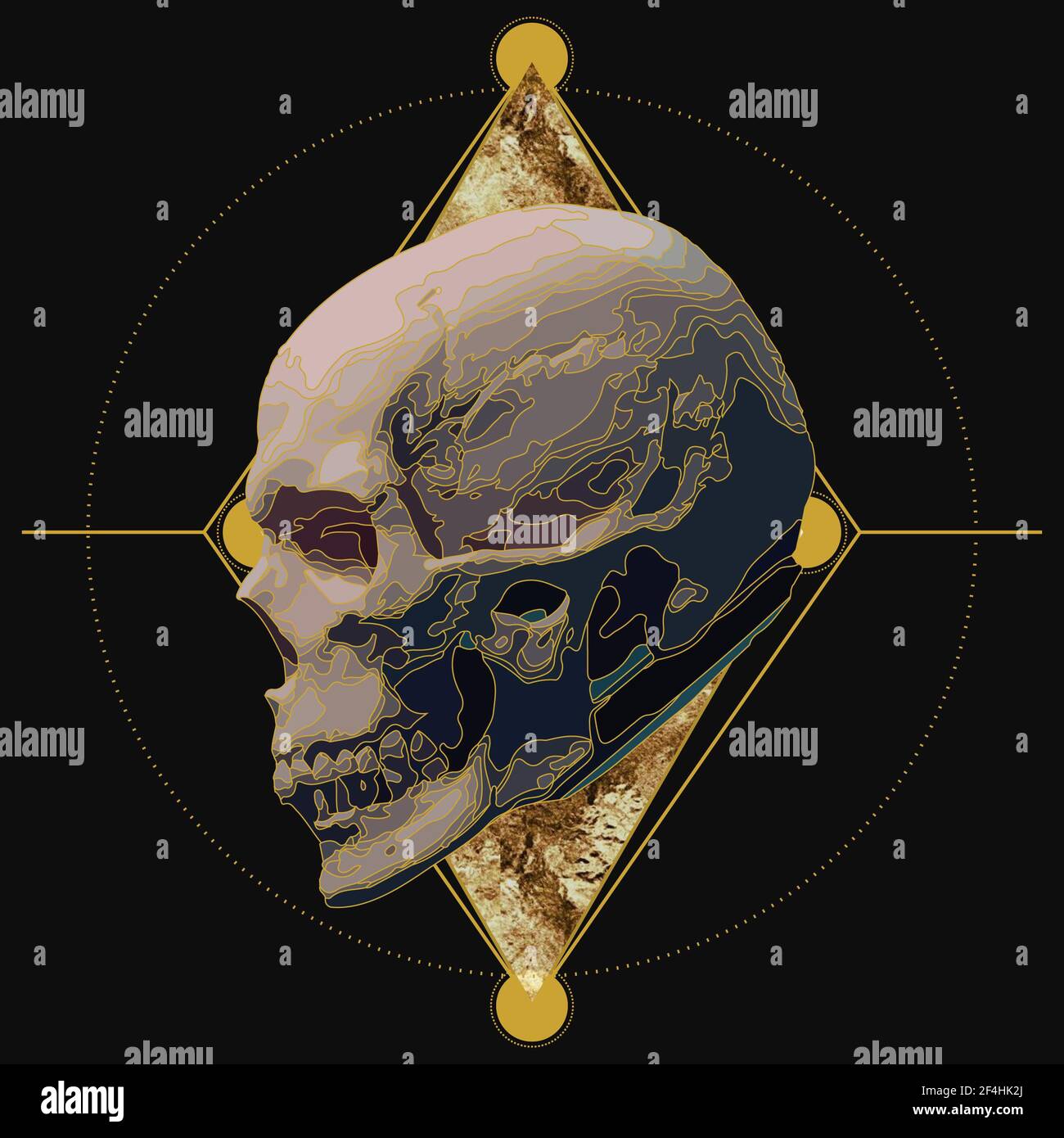 An illustration of a skull on diamond gold geometric designs against a ...