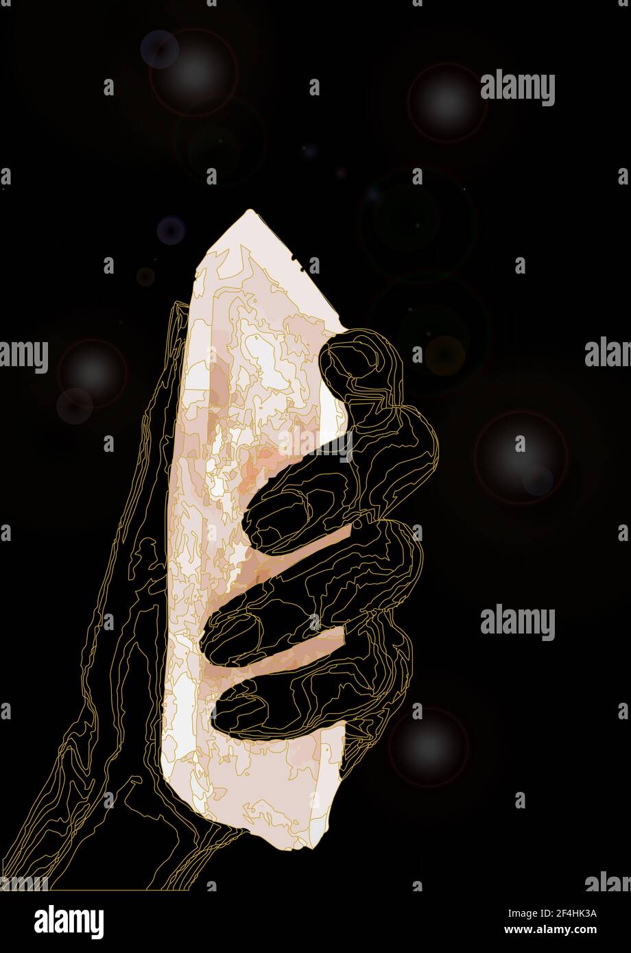 Wooden textured abstract of a hand holding stone on a dark background ...