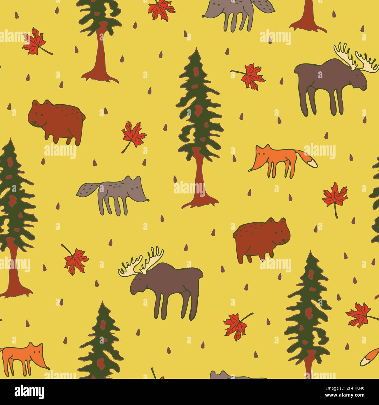 Seamless vector pattern with forest animals on yellow background. Cute ...