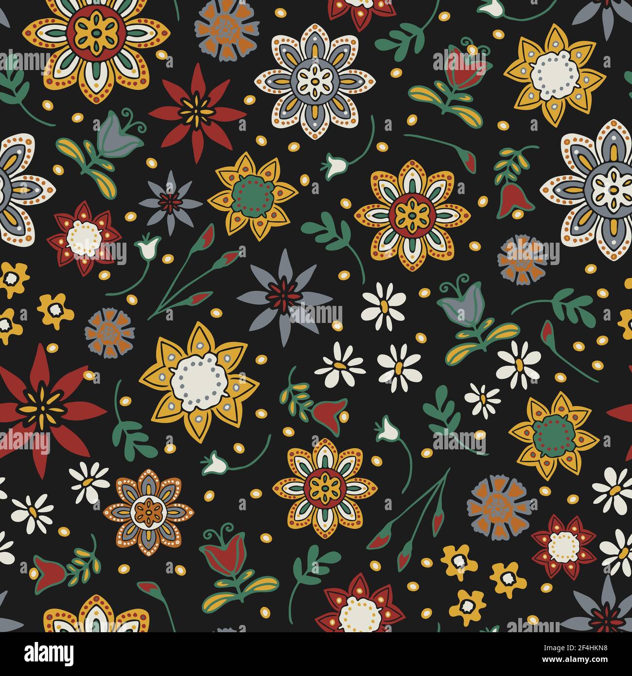 Seamless vector pattern with hand drawn flowers on black background ...