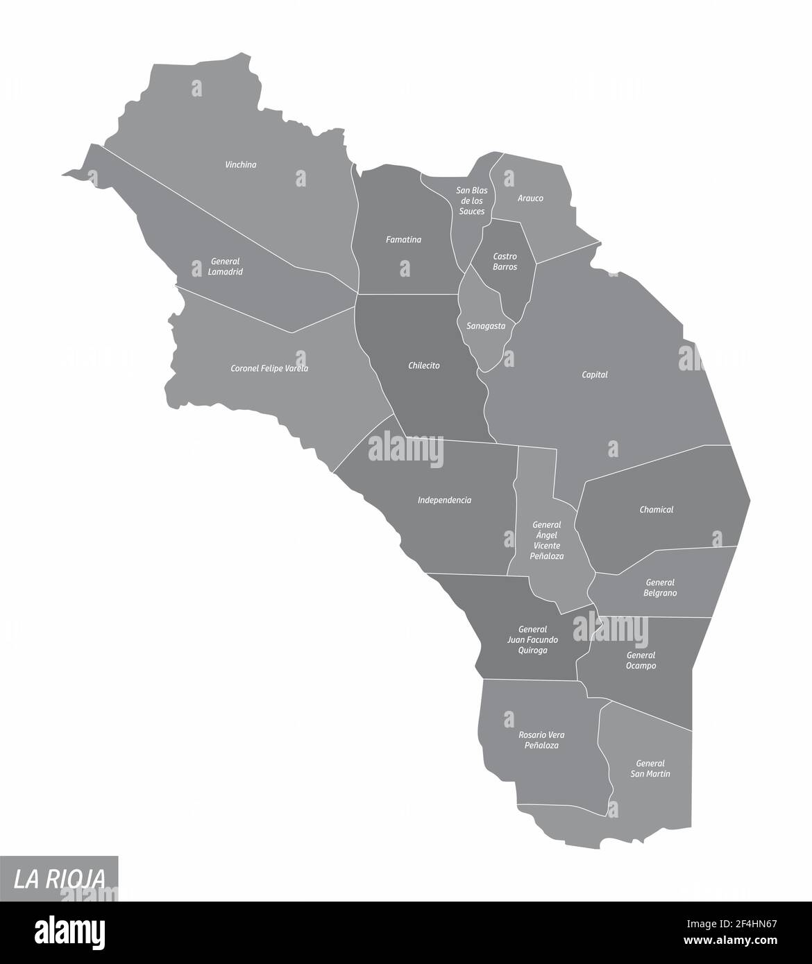The La Rioja province isolated map divided in departments with labels ...