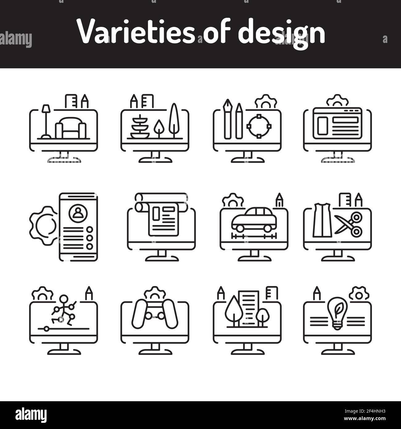 Types of design black line icons set. Pictograms for web page, mobile app, promo. UI UX GUI ...