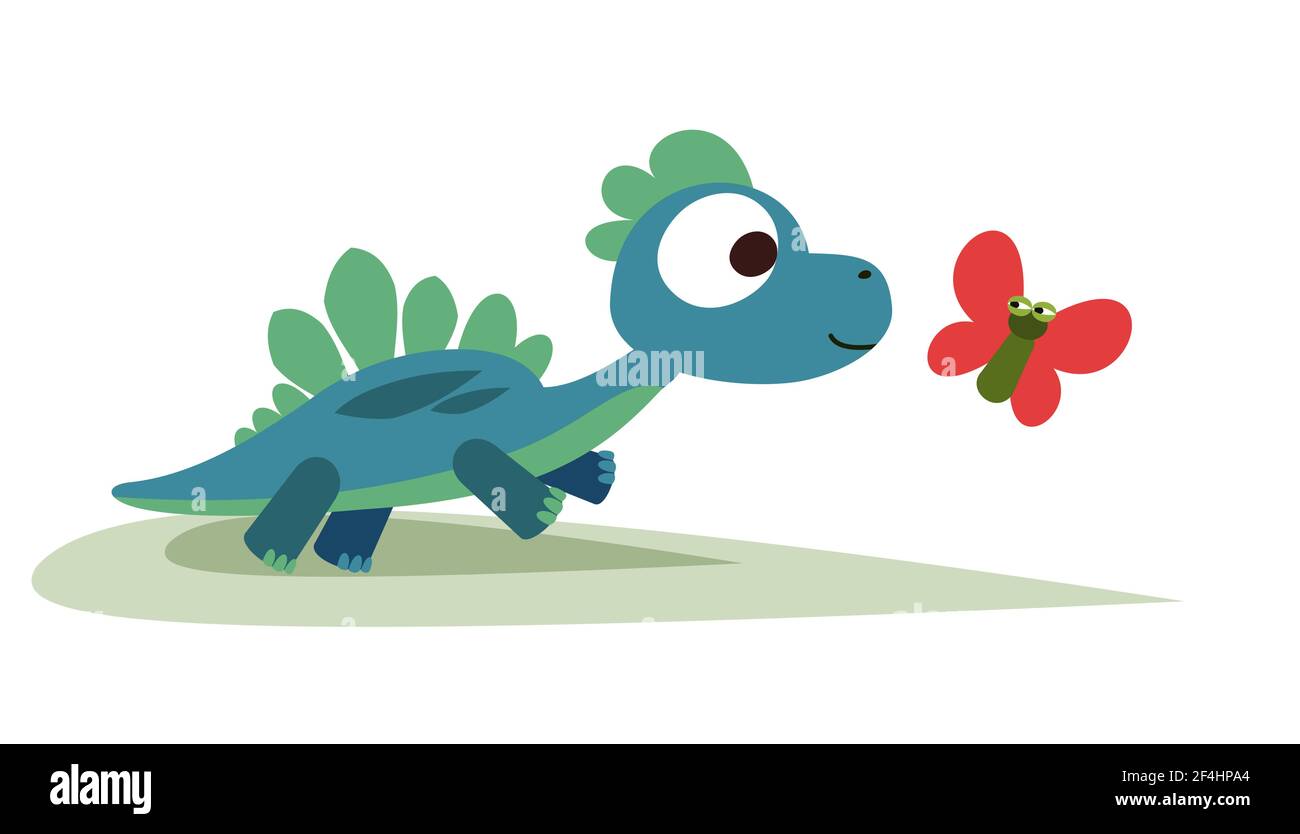 Baby dinosaur playing with a butterfly. The isolated object on a white ...