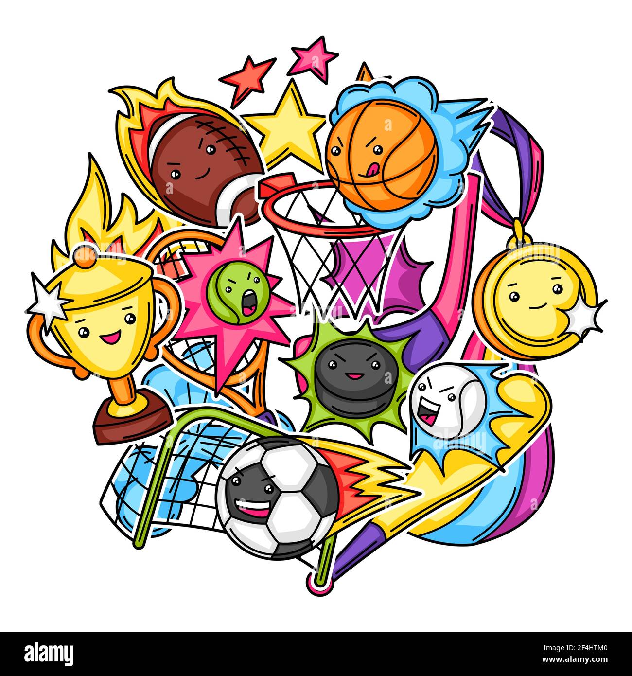 Background with kawaii sport items. Cute funny characters Stock Vector ...