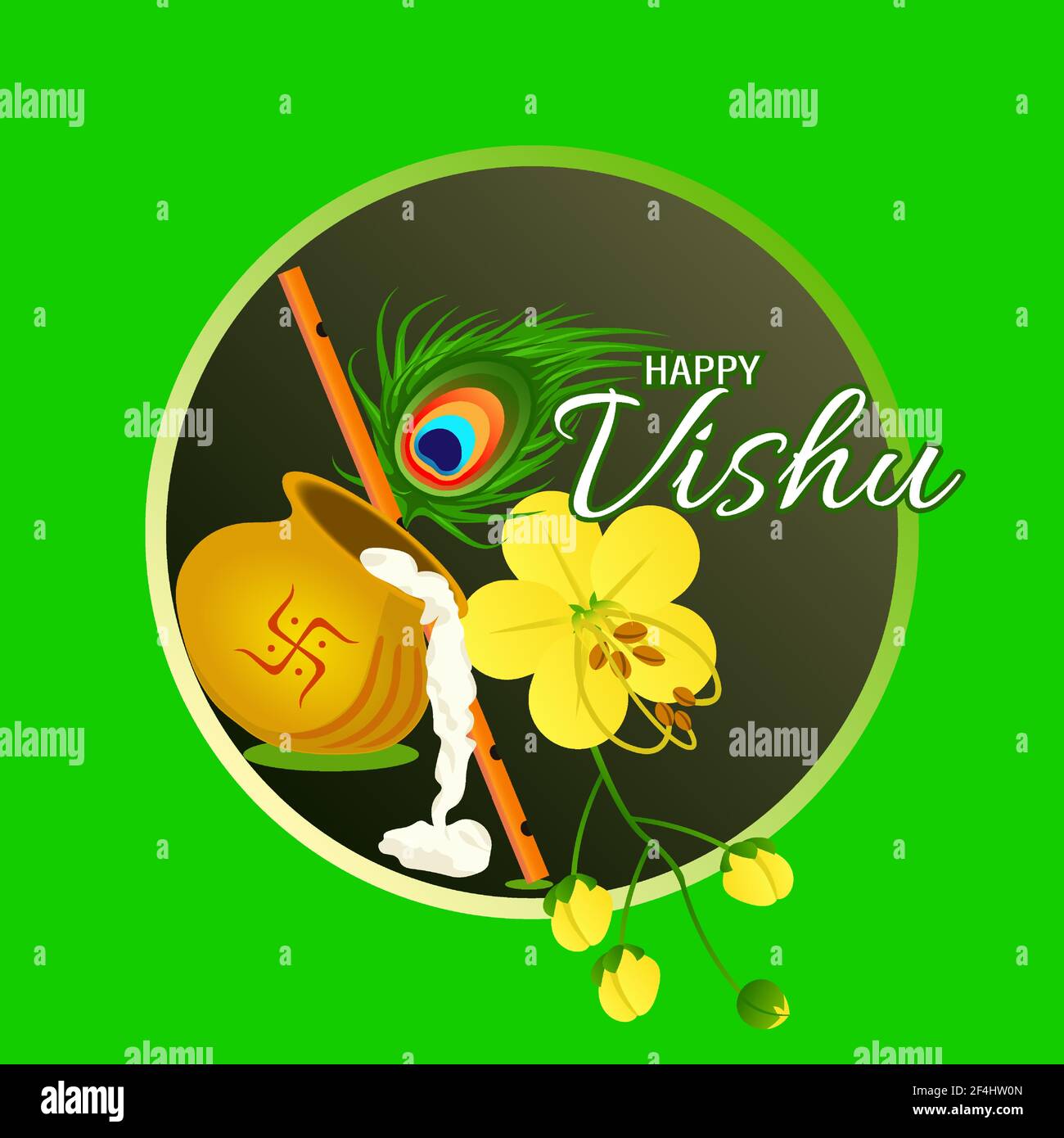 Illustration of Happy Vishu. worship of krishna. cassia fistula flower ...
