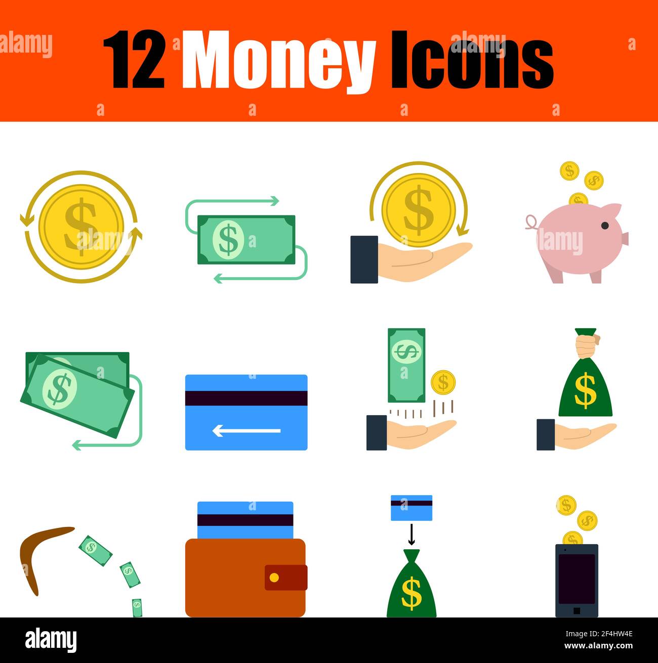 Money Icon Set. Flat Design. Fully editable vector illustration. Text ...