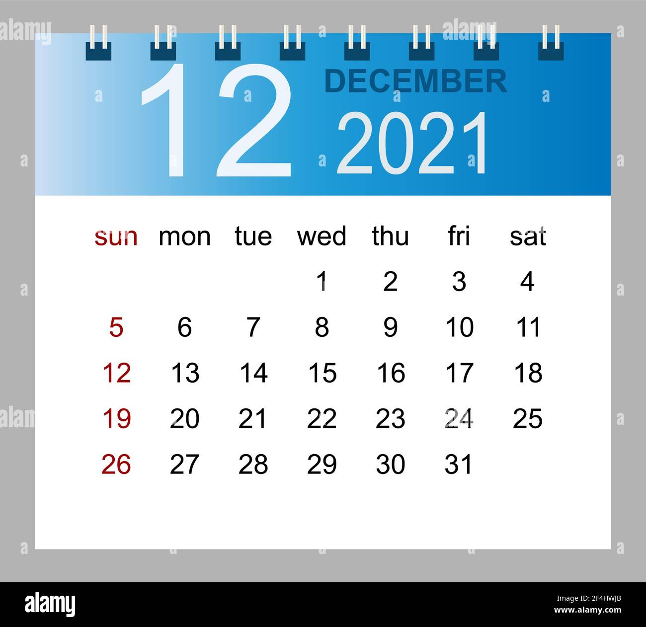 Simple desk calendar for December 2021. Week starts Sunday. Isolated ...