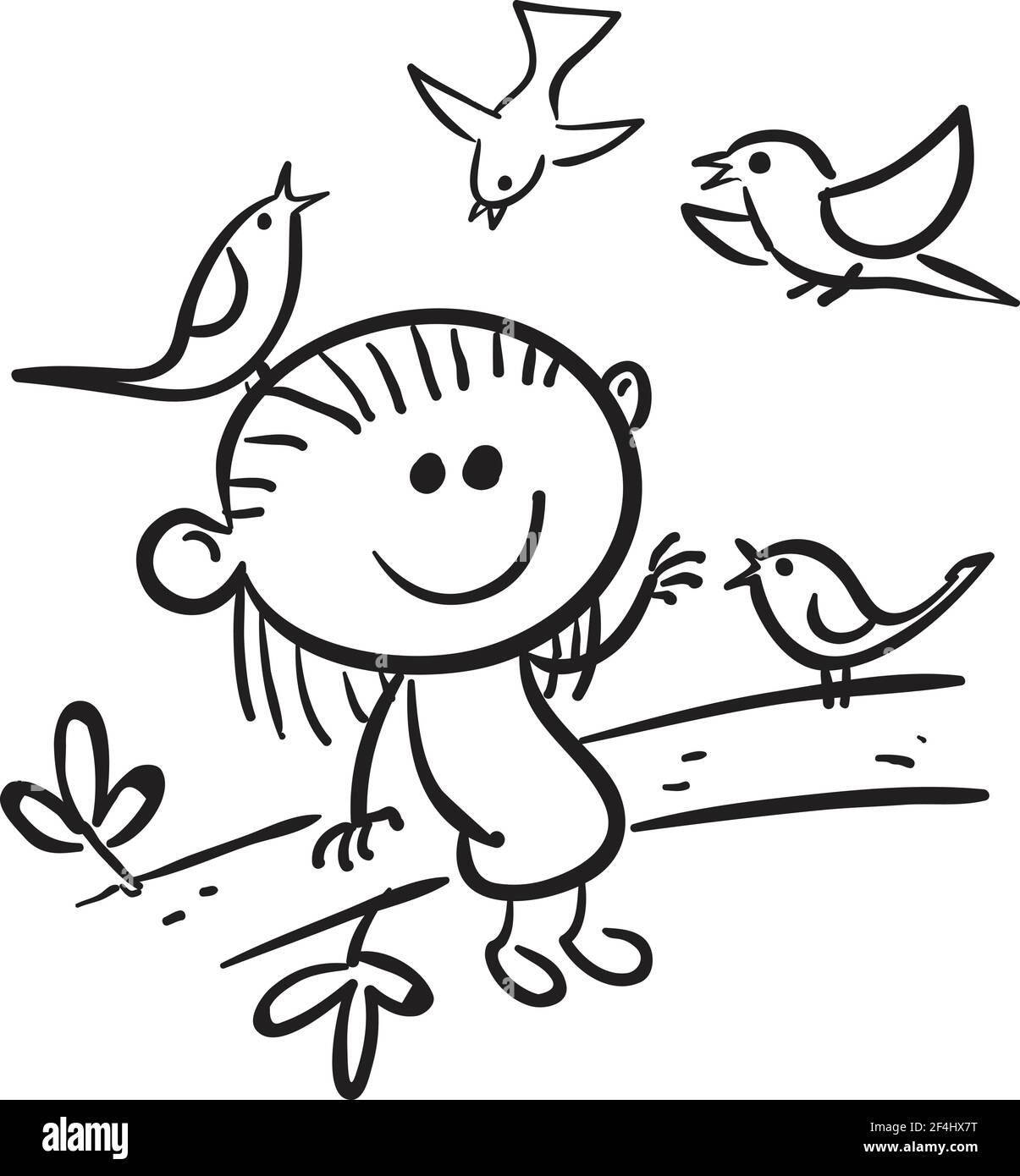Girl Playing with Birds line art illustration vector isolated in white ...