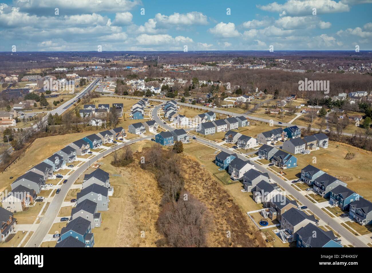 Aerial perspective of double rows of luxury single family homes ...