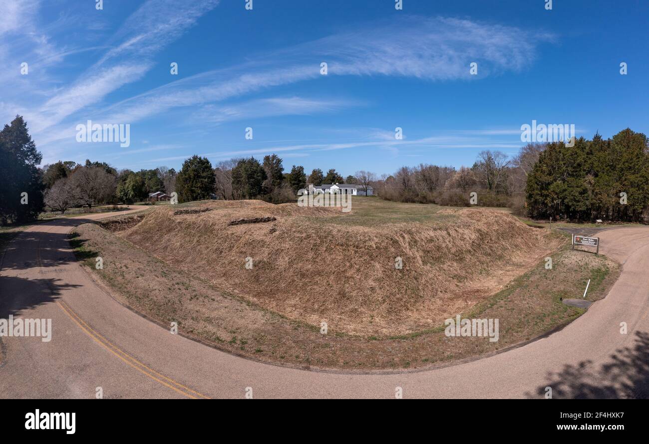 Closeup view of Fort Hoke earthworks with cannon gun loopholes in ...