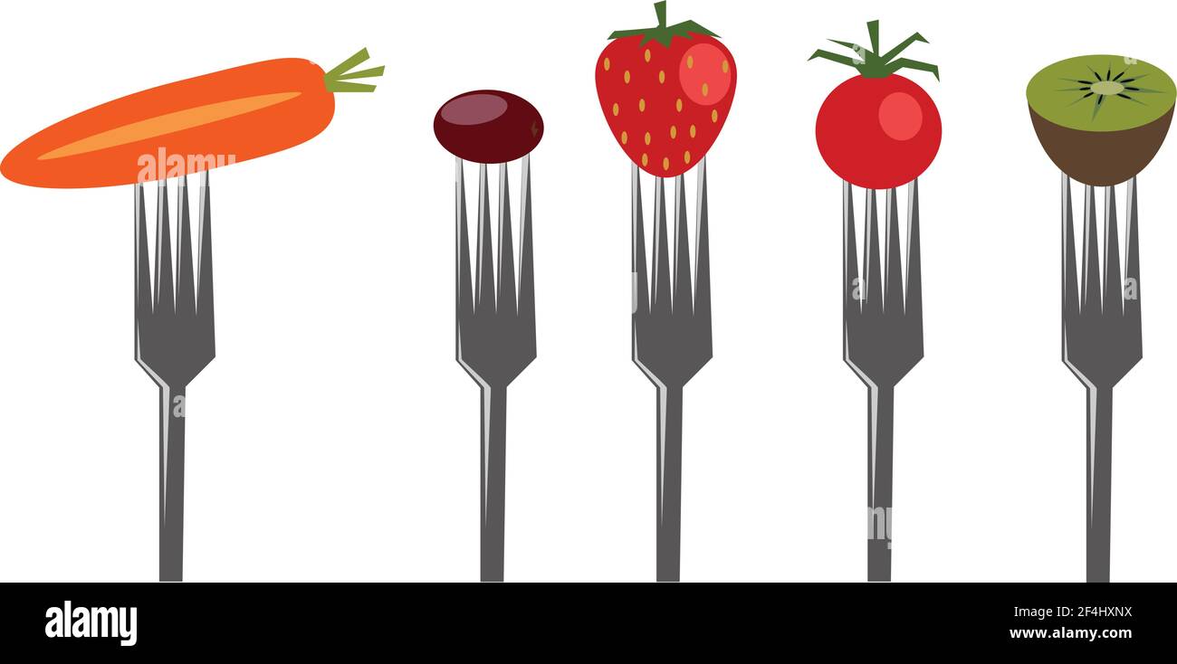 Vegetables and fruits on forks. Healthy food vector stock illustration ...