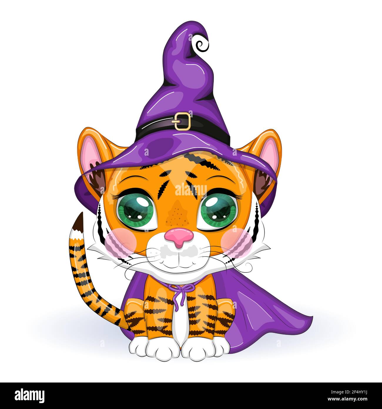 Cute cartoon tiger with beautiful eyes, orange in a purple witch's hat ...