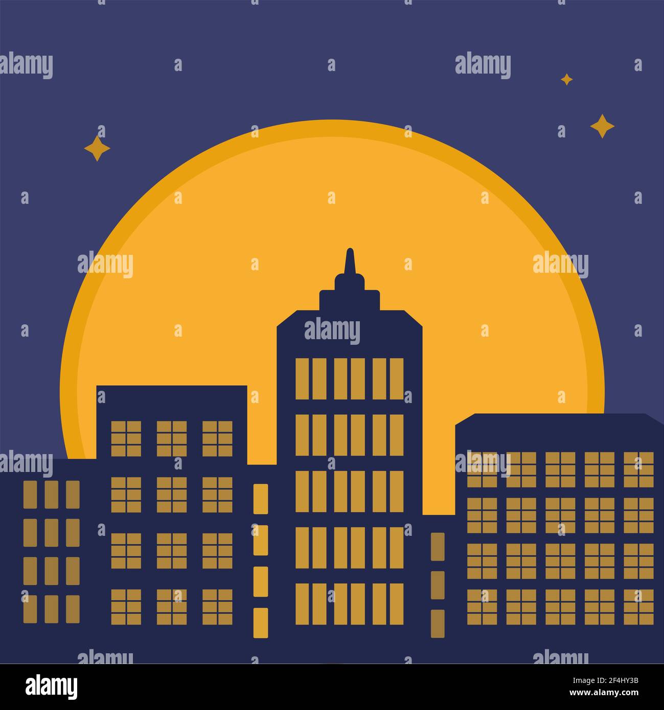 .Night city. Tall buildings in a flat style. The yellow moon and the ...
