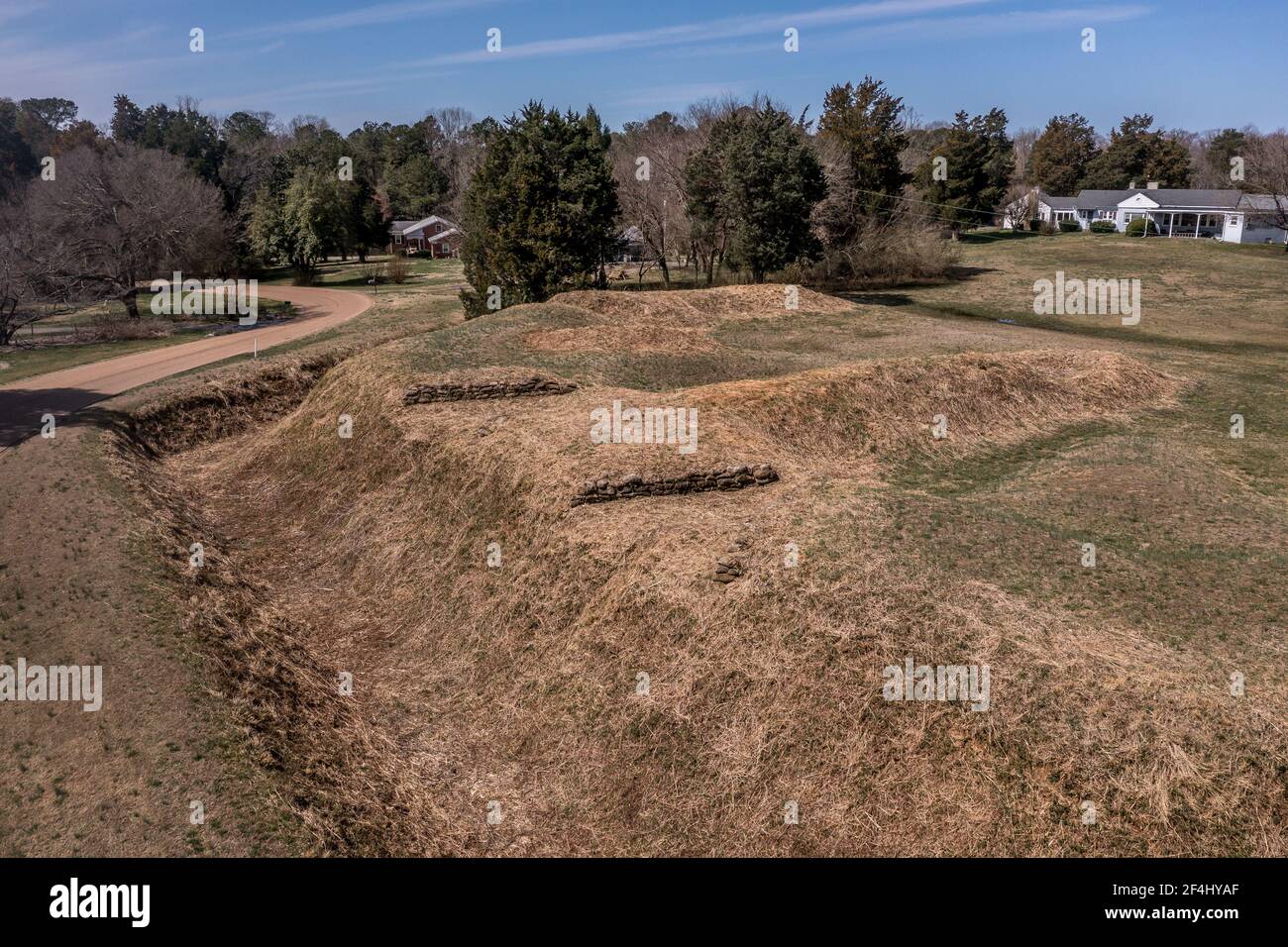Closeup view of Fort Hoke earthworks with cannon gun loopholes in ...