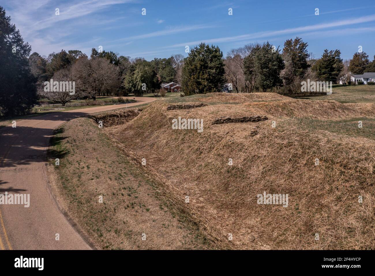 Closeup view of Fort Hoke earthworks with cannon gun loopholes in ...