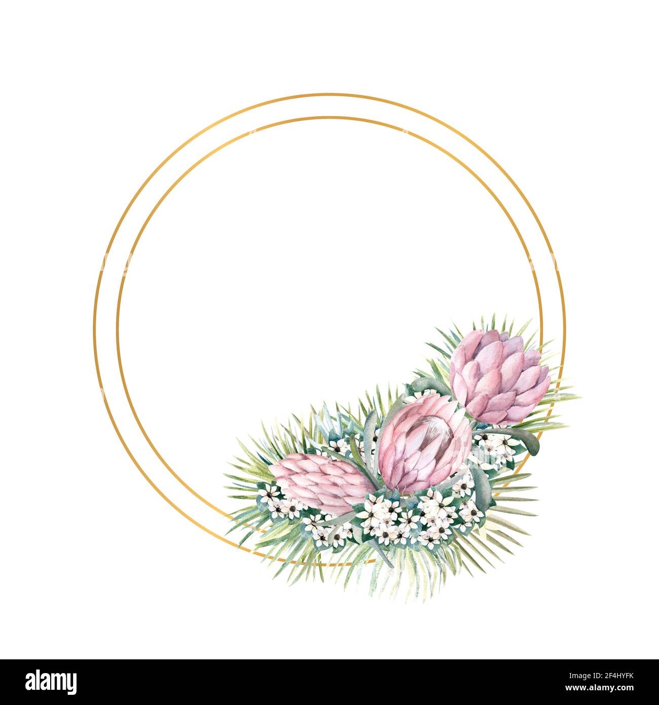 Round gold frame with protea flowers, tropical leaves, palm leaves ...