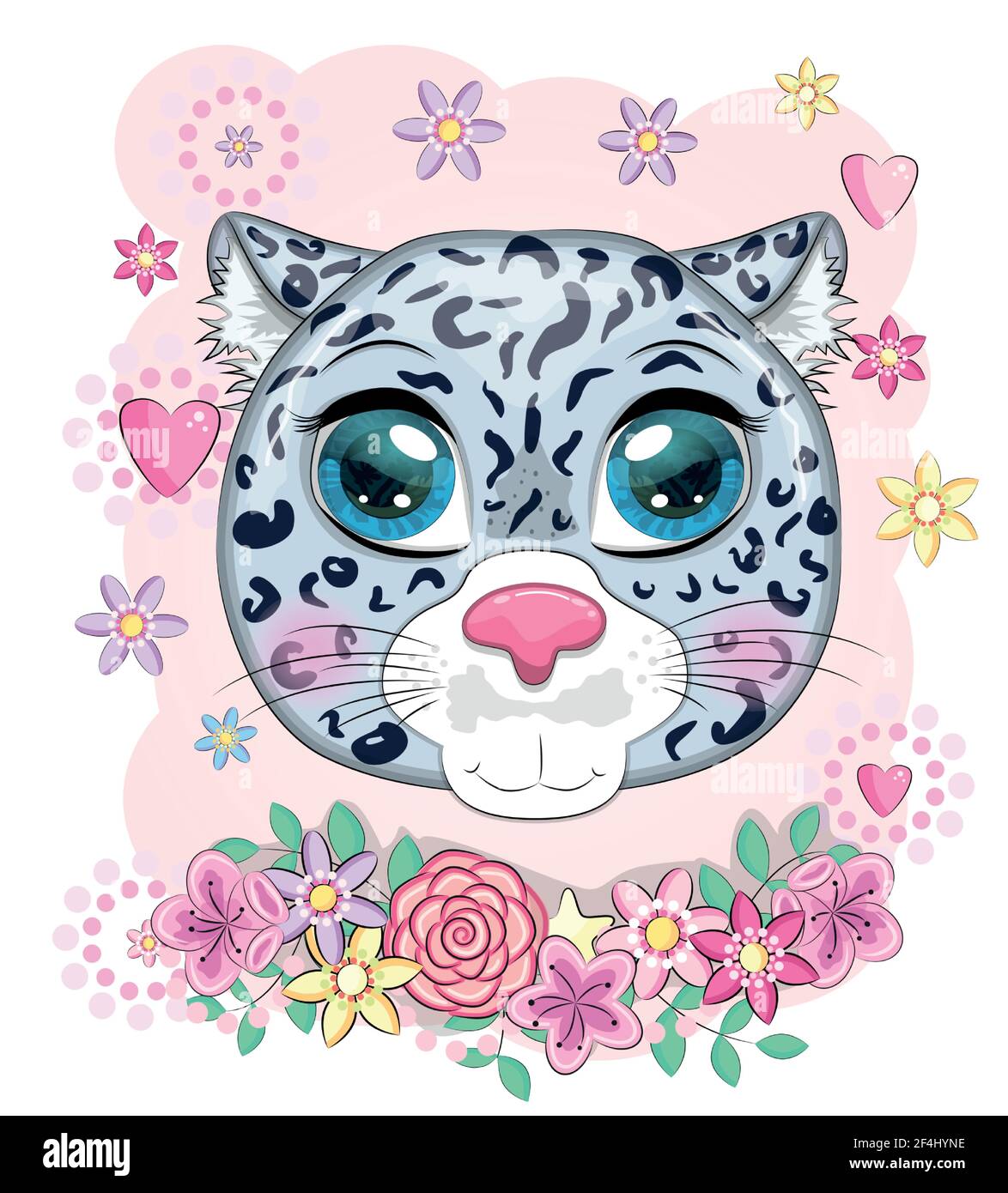 Cartoon snow leopard with expressive eyes among flowers, hearts ...