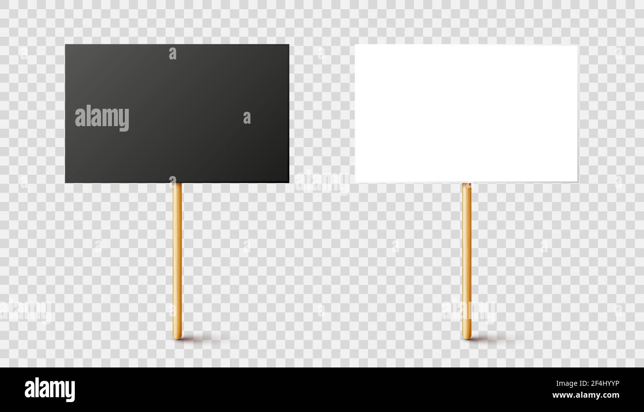 Blank black and white protest signs with wooden holder. Realistic ...