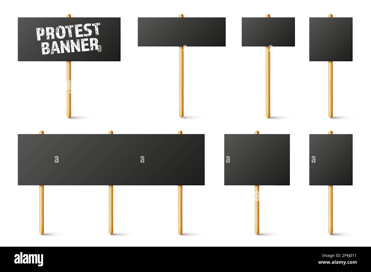Blank black protest signs with wooden holder. Realistic vector ...