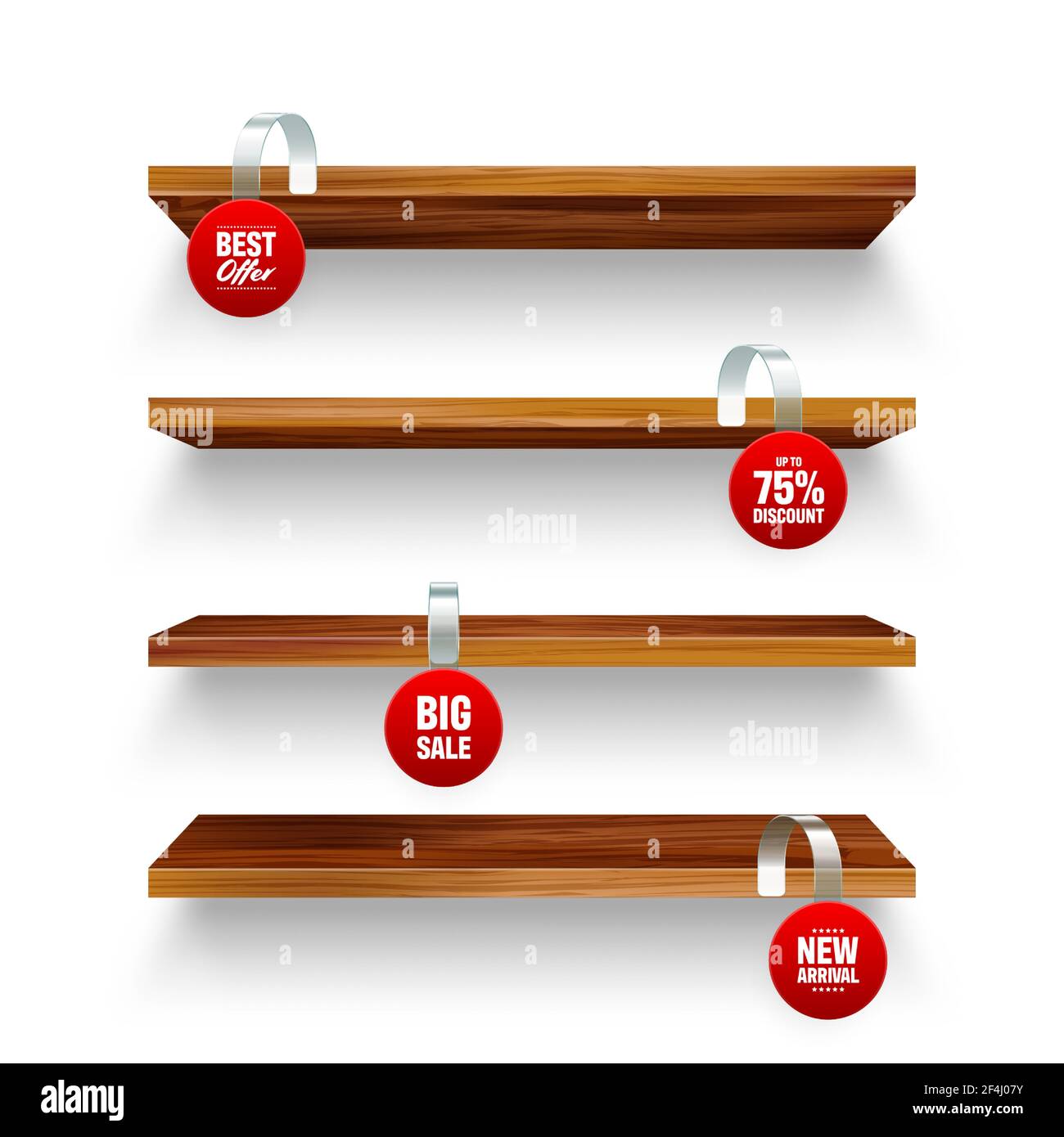 Wooden store shelves and supermarket promotional wobblers isolated on ...