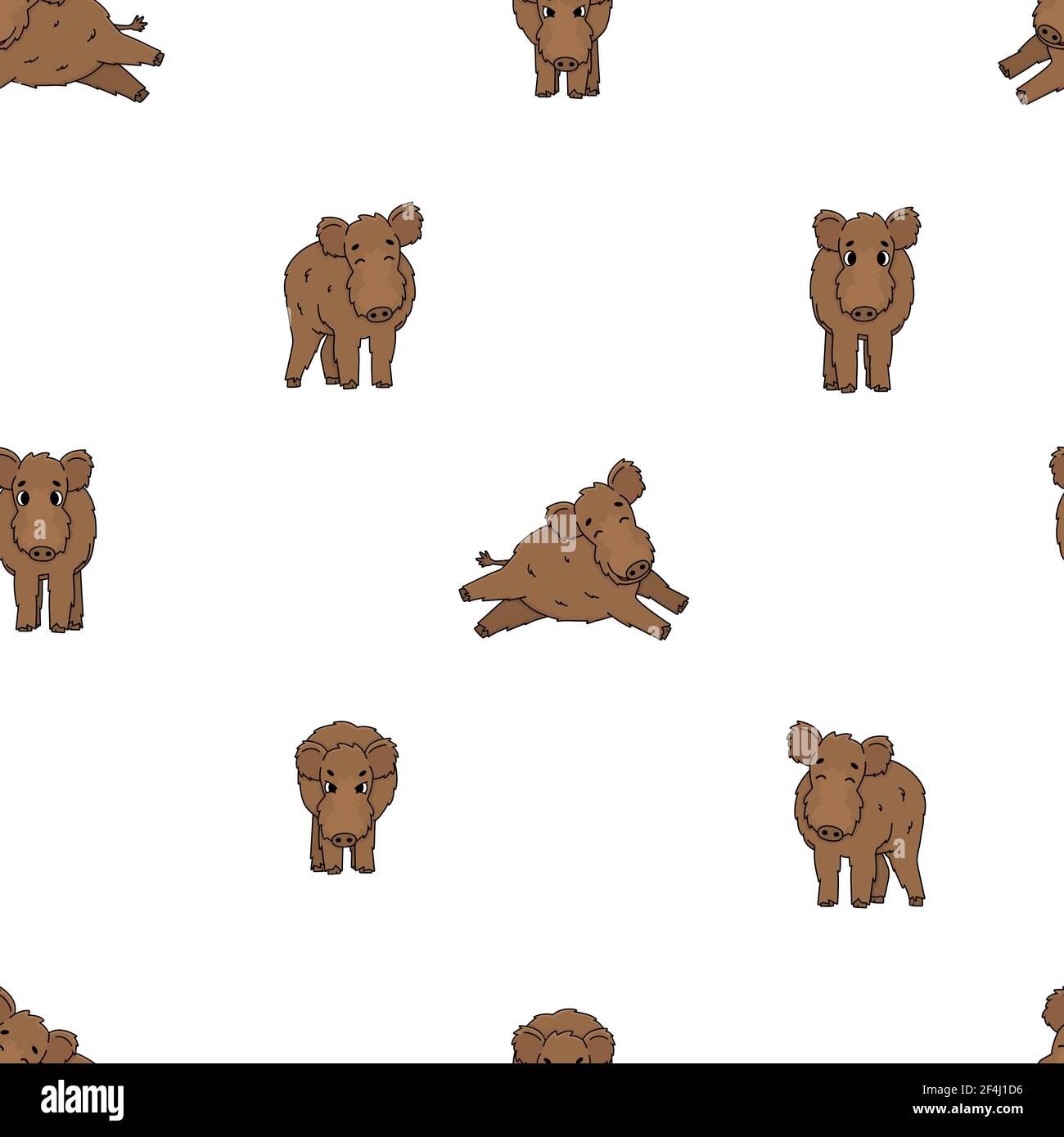 Seamless pattern of brown vector outline cute cartoon boar in different ...