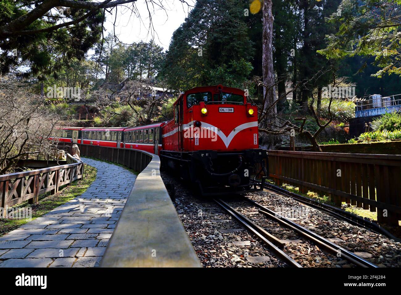 Forest train on railway in Alishan National Forest Recreation Area ...