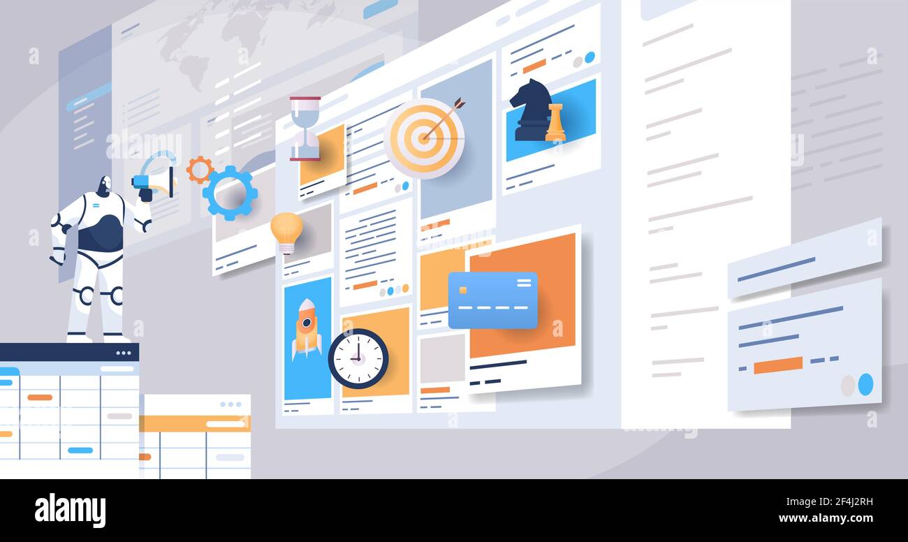 modern robot with loudspeaker announcement management advertisement ...